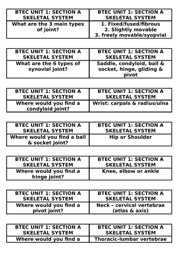 BTEC SPORT Unit 1 Skeletal System Revision Cards | Teaching Resources BTEC SPORT Unit 1 Skeletal System Revision Cards | Teaching Resources