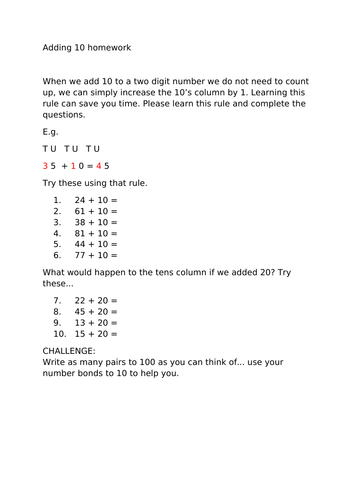 Adding 10 to a 2 digit number | Teaching Resources