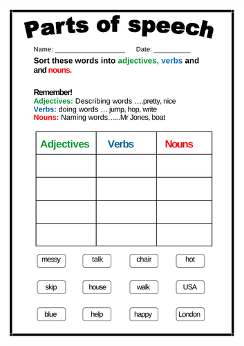 Parts of speech - 2 worksheets - Adjectives, Nouns and Verbs | Teaching ...