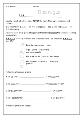 FRENCH Adjectives - Les Adjectifs - b.a.n.g.s. Worksheets | Teaching ...
