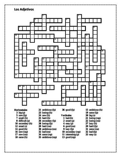 Adjetivos (Spanish Adjectives) Crossword 3 | Teaching Resources