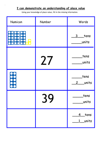 Year 1 and 2 Place Value numicon activity | Teaching Resources