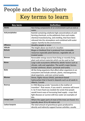 GCSE Geography Edexcel B- Key terms- People and the Biosphere ...