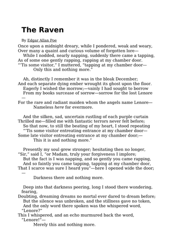 The Raven by Edgar Allan Poe SoW (Critical Essay) BGE/ National 5/ GCSE ...