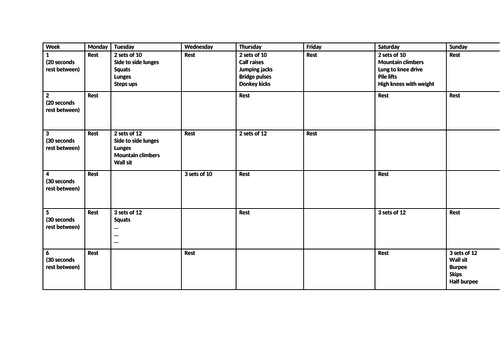 LOWER BODY 6 WEEK PLAN WITH EXERCISES (SAMPLE MATERIAL) | Teaching ...