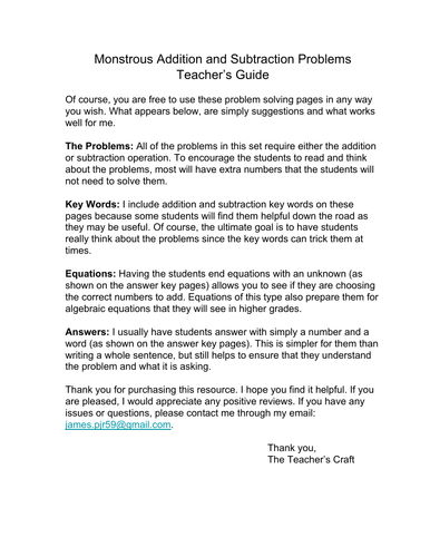 Monstrous Addition and Subtraction Problem Set (Halloween Suited ...