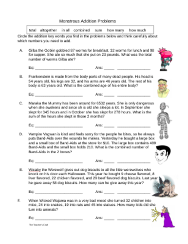 Monstrous Addition and Subtraction Problem Set (Halloween Suited ...