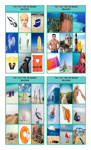 Beach Things and Activities Legal Size Photo Tic-Tac-Toe or Bingo Card ...