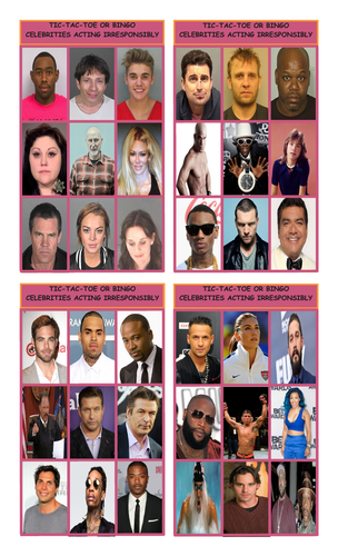 Celebrities Acting Irresponsibly Legal Size Photo Tic-Tac-Toe or Bingo ...