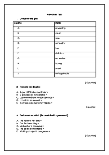 Spanish GCSE: 25 key adjectives for pupils to learn WITH TEST ...