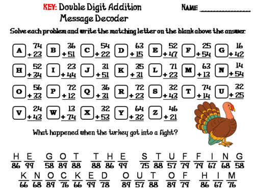 Double Digit Addition Without Regrouping Thanksgiving Math Activity ...