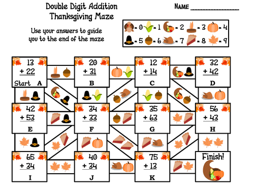 Double Digit Addition Without Regrouping Thanksgiving Math Maze ...