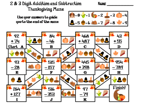 2 and 3 Digit Addition and Subtraction Thanksgiving Math Maze ...