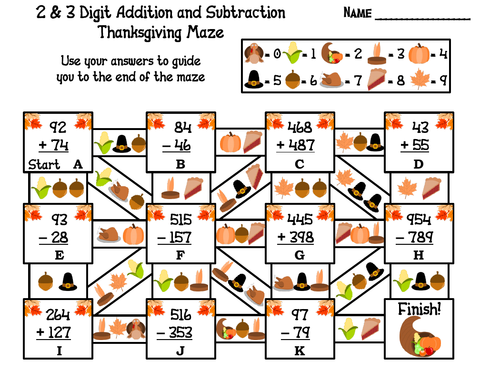 2 and 3 Digit Addition and Subtraction Thanksgiving Math Maze ...