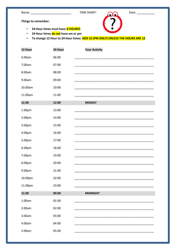 TIME DIARY - 12 and 24 hour time | Teaching Resources