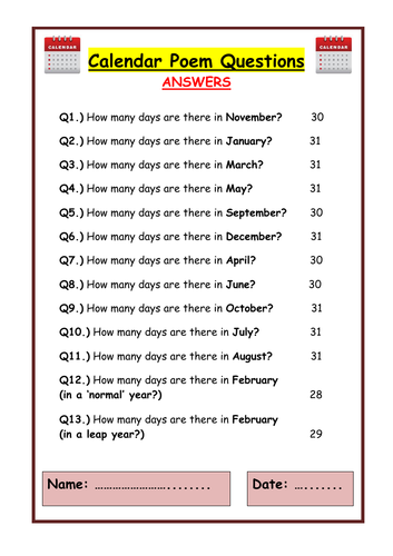 Calendar Poem - TIME WORK | Teaching Resources