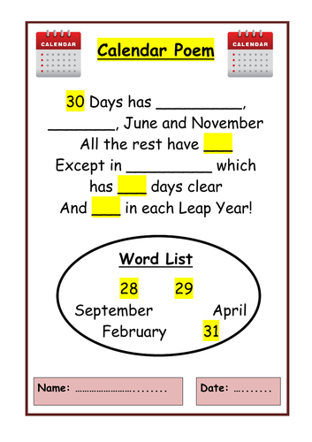 Calendar Poem - TIME WORK | Teaching Resources