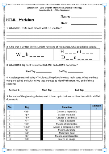 Level 2 BTEC I&CT - U1LAB - HTML - Worksheet | Teaching Resources