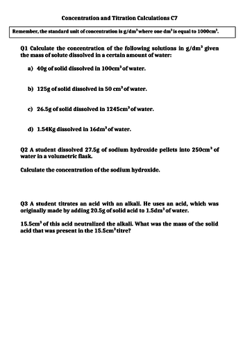 Titration Calculations Worksheet