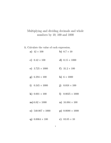 Multiplying and dividing decimals and whole numbers by 10, 100 and 1000 ...