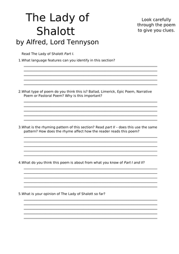 The Lady of Shalott - Comprehension Worksheet Set | Teaching Resources