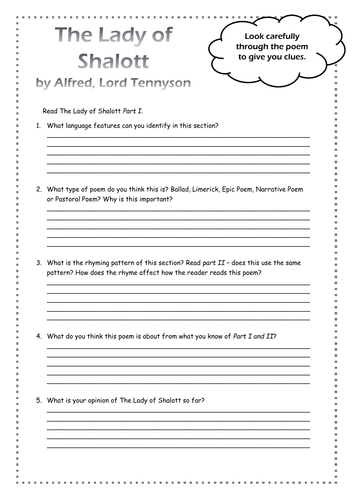 The Lady of Shalott - Comprehension Worksheet Set | Teaching Resources