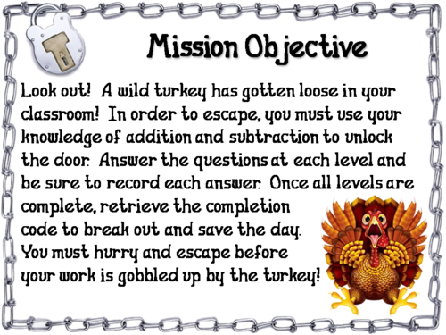 Single Digit Addition and Subtraction Game: Thanksgiving Escape Room ...