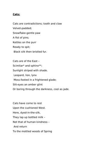 Unseen poetry analysis based on the 2017 EDEXCEL poem Cats | Teaching ...