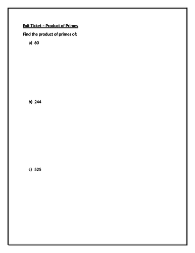 Exit Ticket - Product of Primes | Teaching Resources
