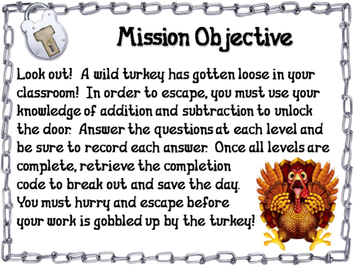 Triple Digit Addition and Subtraction Game: Thanksgiving Escape Room ...