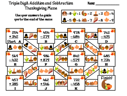 Triple Digit Addition and Subtraction Thanksgiving Math Maze | Teaching ...