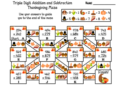 Triple Digit Addition and Subtraction Thanksgiving Math Maze | Teaching ...