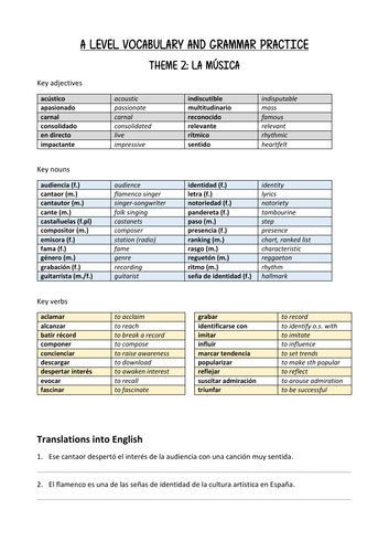 A Level Spanish vocabulary - La música | Teaching Resources