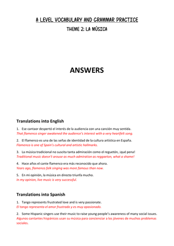 A Level Spanish vocabulary - La música | Teaching Resources