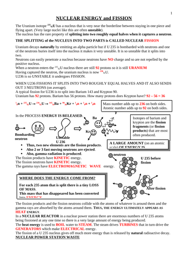 Nuclear Energy and Fission Pupil Notes | Teaching Resources