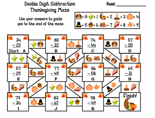 Double Digit Subtraction Thanksgiving Math Maze | Teaching Resources
