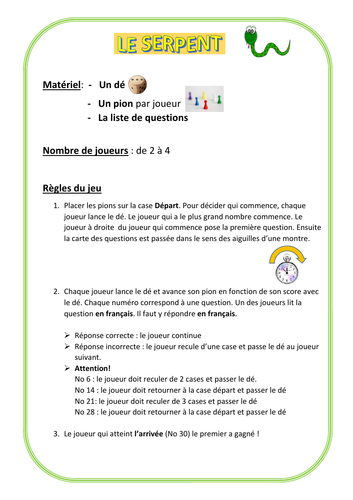 Le Jeu du Serpent & pack of GCSE questions for AQA | Teaching Resources