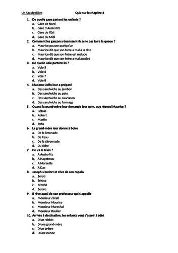 Quiz Un Sac de Billes chapters 4 and 5 with answers | Teaching Resources