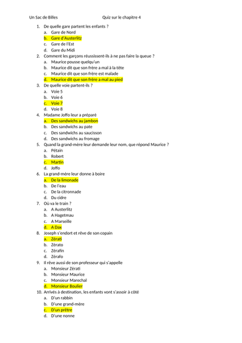 Quiz Un Sac de Billes chapters 4 and 5 with answers | Teaching Resources