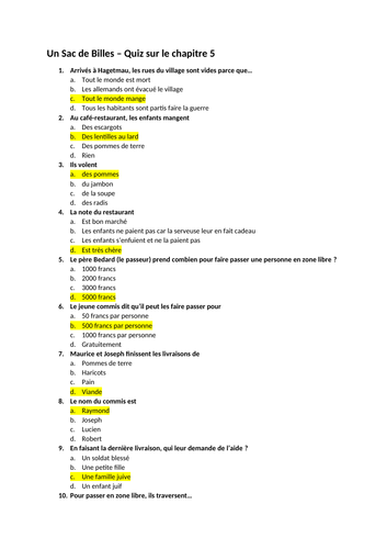 Quiz Un Sac de Billes chapters 4 and 5 with answers | Teaching Resources