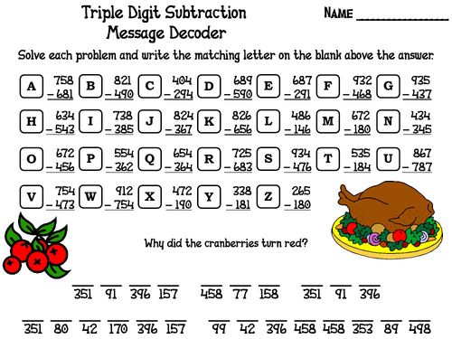 Triple Digit Subtraction Thanksgiving Math Activity | Teaching Resources