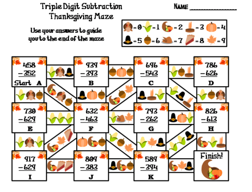 Triple Digit Subtraction With and Without Regrouping: Thanksgiving Math ...