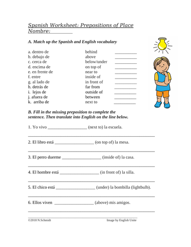 Spanish Prepositions of Place Worksheet: Preposiciones de lugar (dentro ...