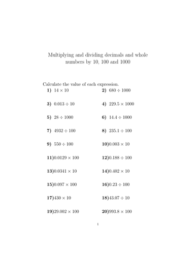 Multiplying and dividing decimals and whole numbers by 10, 100 and 1000 ...