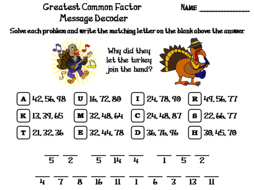 Greatest Common Factor Thanksgiving Math Activity: Message Decoder ...