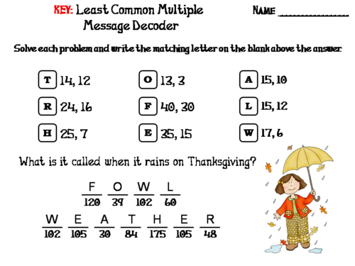 Least Common Multiple Thanksgiving Math Activity: Message Decoder ...