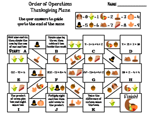 Order of Operations Activity: Thanksgiving Math Maze | Teaching Resources