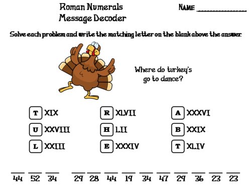 Roman Numerals Thanksgiving Math Activity Message Decoder Teaching Resources 