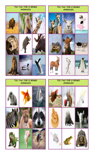 Animals Spanish Legal Size Photo Tic-Tac-Toe or Bingo Card Game ...