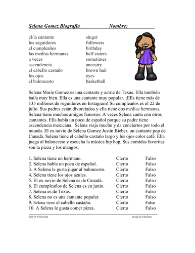 Selena Gomez Biography and Worksheet: Biografía (SUB PLAN) | Teaching ...
